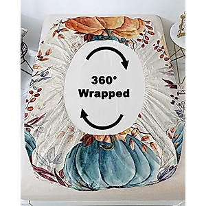 Fall Pumpkin Leaves on Burlap Fitted Bed Sheets Full Size Fit 5-16inch Deep Pockets,Luxury Bottom Sheet Bedding Set with Pillow Case,Thanksgiving Watercolor Plant Fitted Sheet for Mattress