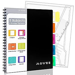 MOWEE Spiral Notebook - 5 Subject Notebook, College Ruled Notebook 3-Hole Punched With Dividers, Storage Pockets, 11" Ruler, 200 Pages, for Writing Journal, Home &Office, School Supplies, 8.1''x11.7''（Black）