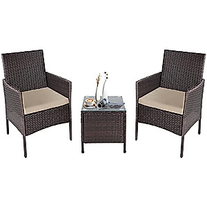 Patiomore 3 Pieces Outdoor Bistro Set Patio Furniture Set PE Brown Wicker Patio Chairs with Coffee Table for Front Porch, Balcony, Backyard (Brown Cushion)