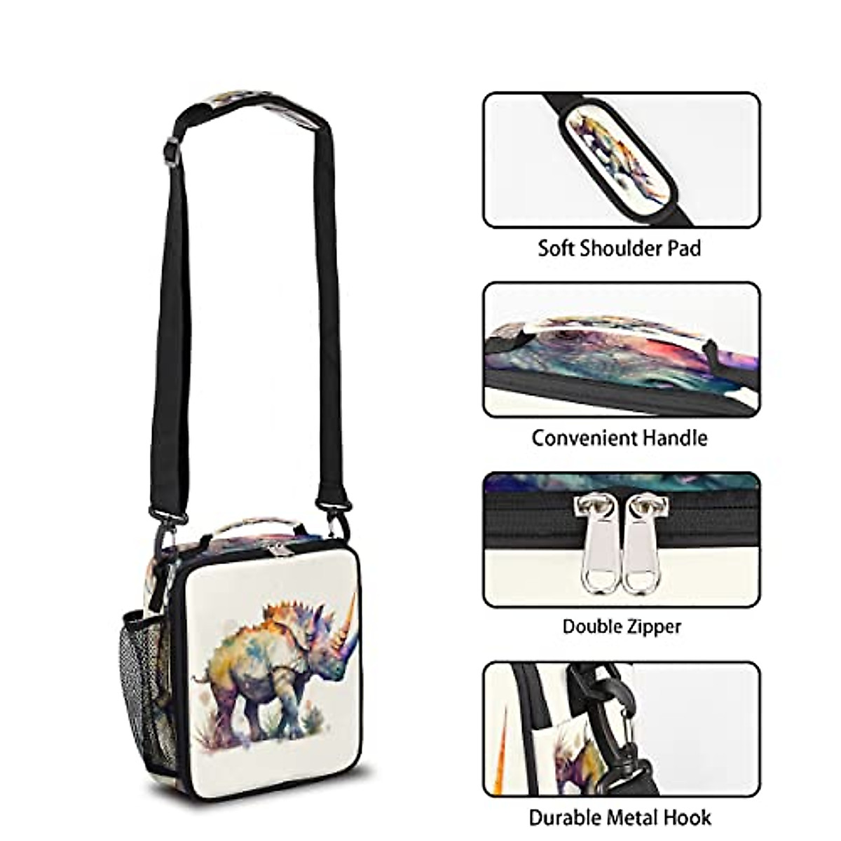 Insulated Lunch Bag, Watercolor Animal Triceratops Lunch Box Wide Opened Tote Reusable Lunch Container Organizer Thermal Cooler Bag with Shoulder Strap for School Office Picnic Hiking Beach Fishing