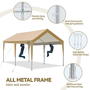 ADVANCE OUTDOOR 10x20 ft Steel Carport with Adjustable Height from 9.5 to 11 ft, Heavy Duty Car Canopy Garage Party Tent Boat Shelter Portable, Beige