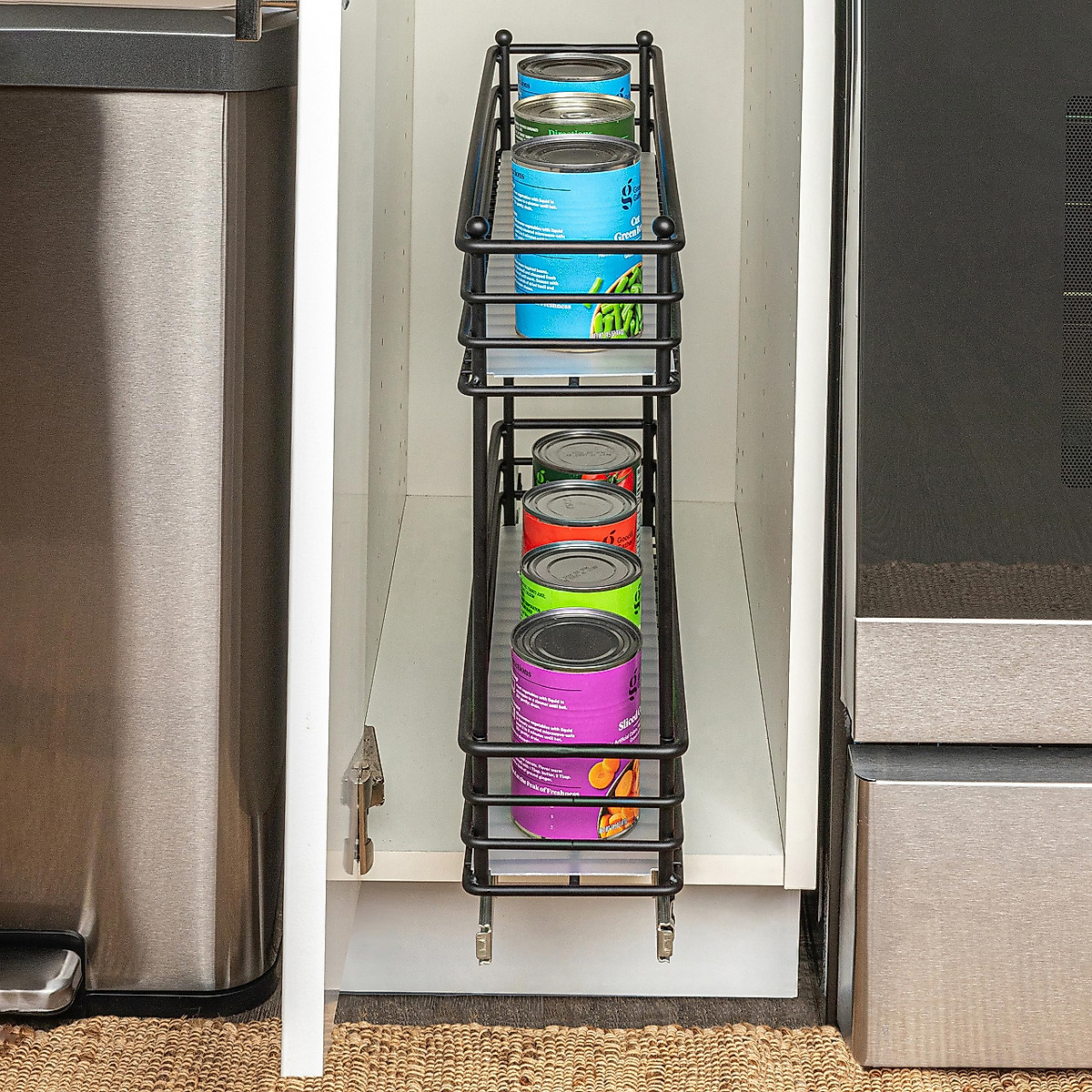 Household Essentials Narrow Sliding Cabinet Organizer, Two Tier Organizer, Matte Black, Great for Slim Cabinets in Kitchen, Bathroom and More, 5"