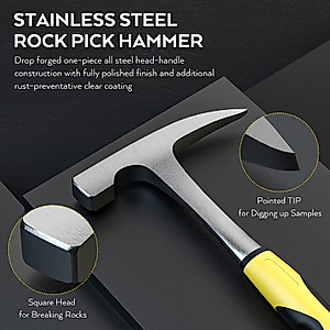 INCLY 15 PCS Geology Rock Pick Hammer Kit, 32oz Hammer & 3 PCS Digging Chisels Set for Rock Hounding, Gold Mining & Prospecting Equipment Tool Gear Shovel Musette Bag, Compass, Whistle, Wooden Chisel