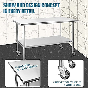 Hally Stainless Steel Table for Prep & Work 30 x 60 Inches with Caster Wheels, NSF Commercial Heavy Duty Table with Undershelf and Galvanized Legs for Restaurant, Home and Hotel