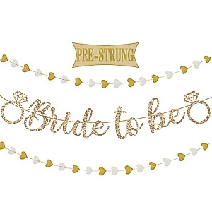 Pre-Strung Bride to Be Banner,Gold Glitter Banner Sign with 2PCS Heart Streamers Garland for Bachelorette Party Decorations, Bridal Shower Wedding Engagement Hen Party Decorations Supplies