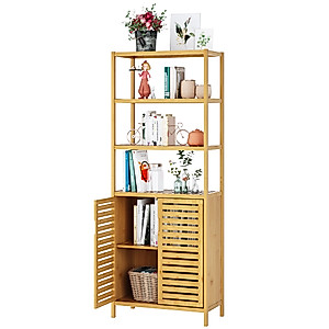 HIFIT Tall Bathroom Storage Cabinet, Bamboo Storage Cabinet with 2 Doors and 3 Tier Shelves, Bathroom Cabinet Freestanding, 67”H Bamboo Tall Cabinet for Bathroom Living Room Kitchen, Nature