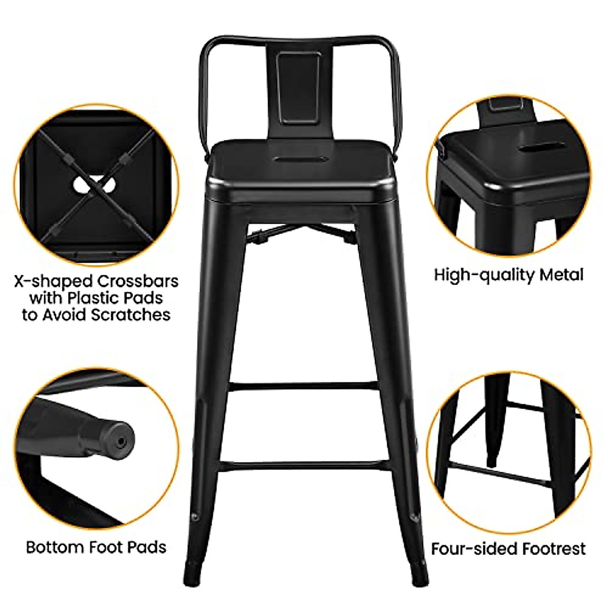 Yaheetech 26 inch Metal Bar Stools Set of 4 Counter Height Barstools with Low Back Indoor Outdoor Kitchen Stools Modern Industrial Bar Chairs Matte Black