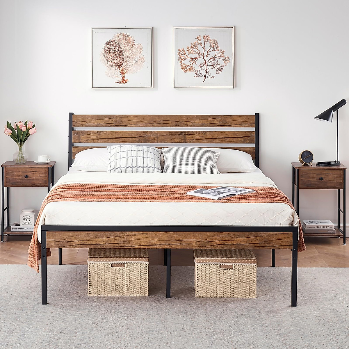 GAOMON Queen Bed Frame with Wood Headboard and Metal Slats, Mattress Foundation No Box Spring Needed Easy to Assemble Non-Shaking and Non-Noise (Queen)