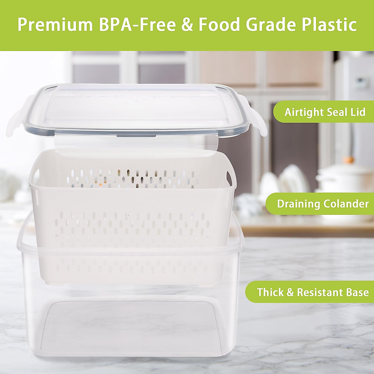 Moretoes 5pcs Fruit Containers for Fridge, Clear Berry Containers with Lid and Removable Colander Plastic Refrigerator Organizer for Food Fruits Lettuce Vegetables Berry Meat Kitchen Home