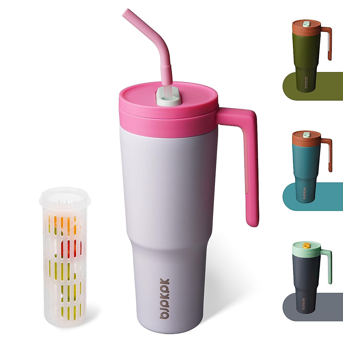 BJPKPK 40oz Tumbler With Handle And Straw Insulated Tumblers Cups With Lid Stainless Steel Travel Coffee Mug With Fruit Infuser,Light Gray