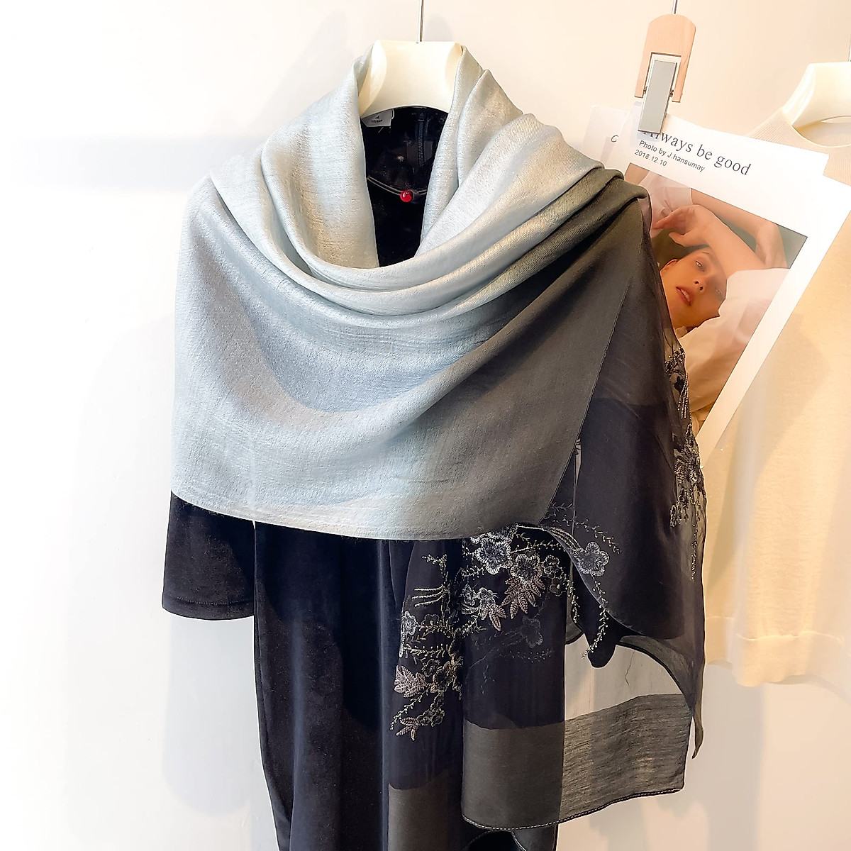 WINCESS.YU Silk Scarf for Women Lightweight Shawls and Wraps for Weddings Fashion Pashmina Shawl Embroidered Scarves (Black)