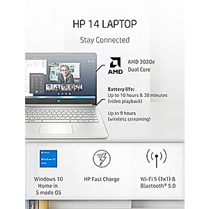 HP 14 Laptop, AMD 3020e, 4 GB RAM, 64 GB eMMC Storage, 14-inch HD Display, Windows 10 Home in S Mode, Long Battery Life, Microsoft 365, (14-fq0070nr, 2020)