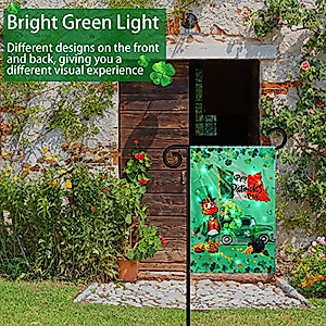 St Patricks Day Garden Flag with Lights, Irish Garden Flag Leprechaun Sat in the Irish Green Truck Flags, Shamrock Hat Flag Double Sided Yard Flags for Lawn Garden Outdoor Decorations (12 x 18 Inch)
