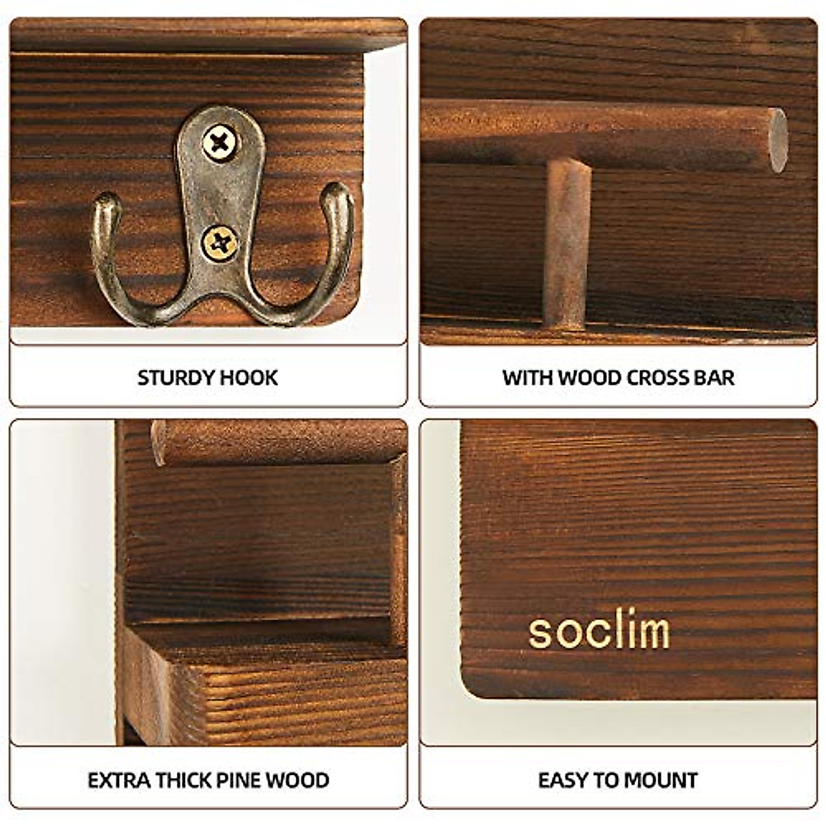 Key Holder for Wall Wooden Mail Holder for Wall Rustic Key Hanger for Wall Key Rack with 4 Double Key Hooks and A Floating Shelf Home Decor Mail Organizer Wall Mount for Entryway - All Solid Pine Wood