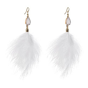Feather Earring for Women - Light Weight Feather Dagle Earring with Crystal, Gift for Sister Lover (white)
