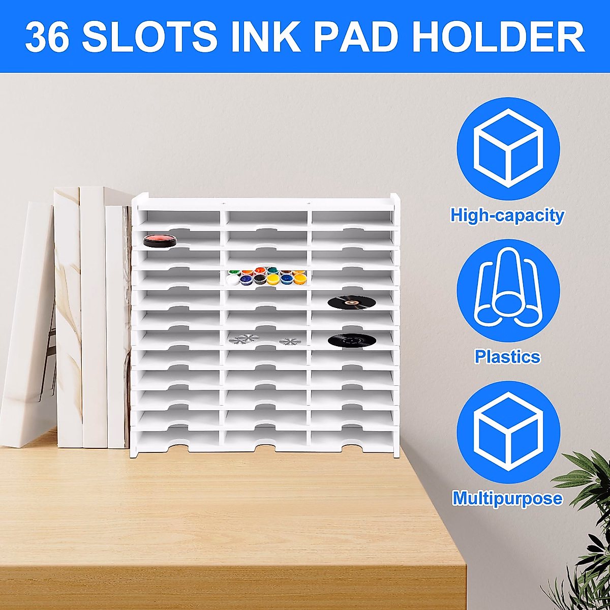 36 Slots Ink Pad Printing Storage Holder DIY Storage Box Large Capacity Items Plastic Racks Handmade Supplies Storage Shelf Printing Pad Storage Shelf for Home Office Crafts School Supplies, White