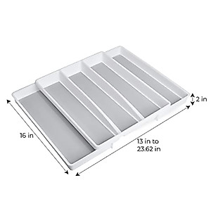 Smart Design Expandable 5 Compartment Plastic Drawer Organizer - Non-Slip Lining and Feet - BPA Free - Utensils, Flatware, Office, Personal Care, or Makeup Storage - Kitchen - White with Gray