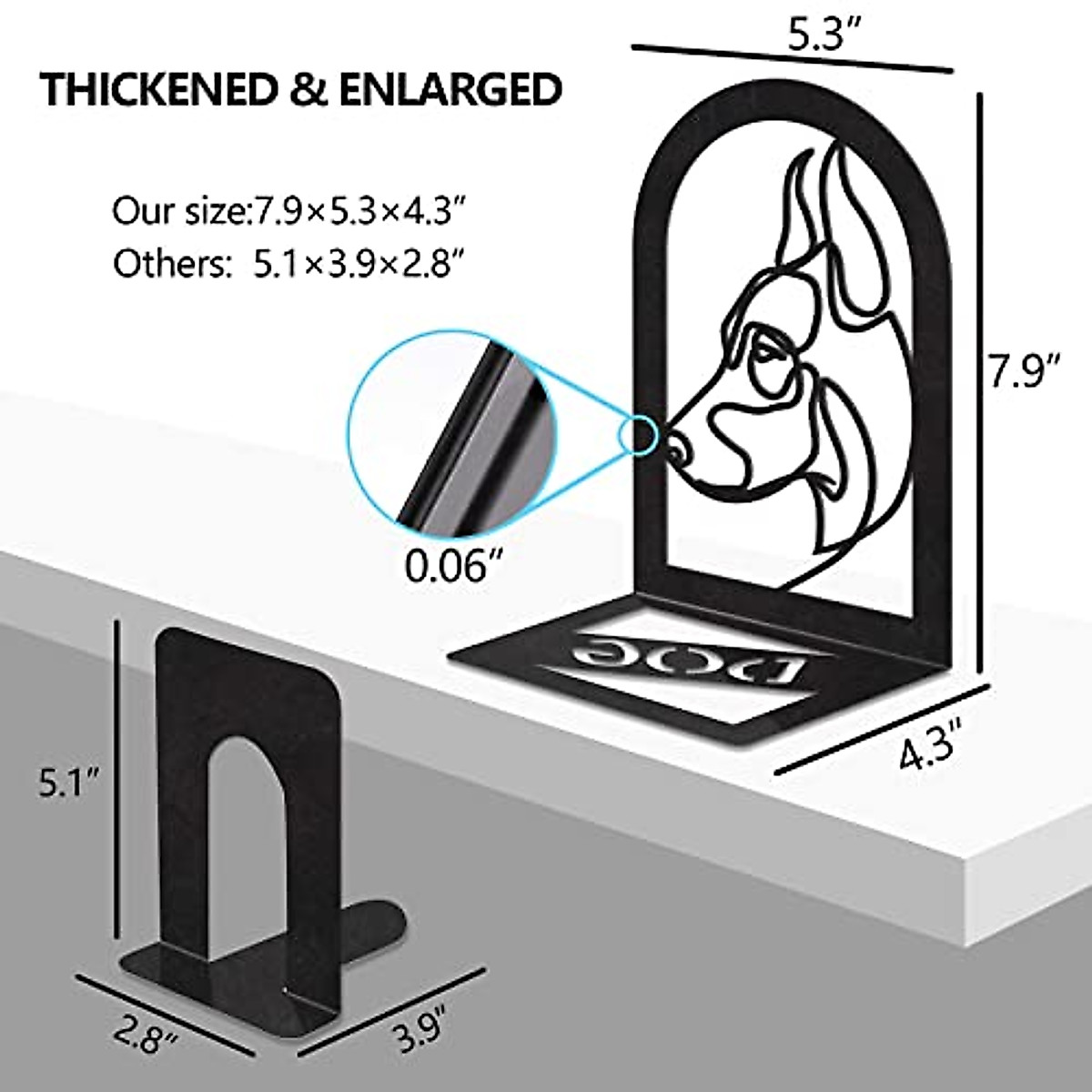 Book Ends Decorative Design Dog Modern Bookends for Shelves, Non-Skid Bookend, Heavy Duty Metal Book Stopper for Books/CDs, 7.9 x 5.3 x 4.3”, Black (1 Pair/2 Pieces, Large)