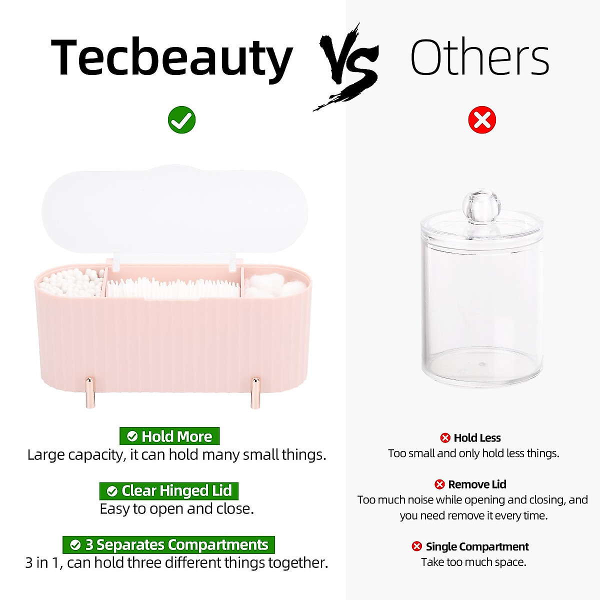 Tecbeauty Qtips Holder, 3 Grids Separate Cotton Swabs Dispenser, Cotton Ball Storage Box, Jar for Cotton Pads Bathroom Organizer Canisters - Pink