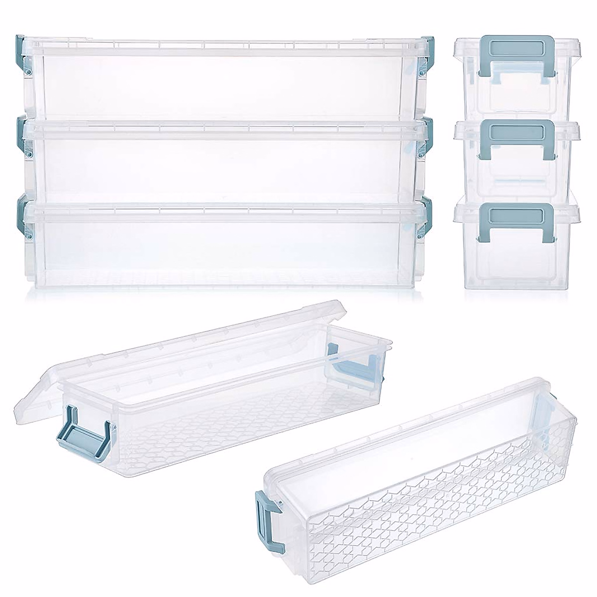 BTSKY Long Plastic Stackable Box Home, Office Supplies Storage Organizer Box Pencil Box Plastic Organizer Holder for Gel Pens Erasers Tape Pens Pencils Markers etc- 3 Pack - Clear with Blue Clip