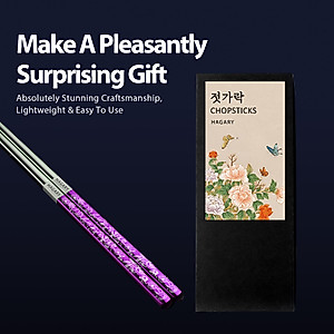 Peony and Butterfly Chopsticks Metal Chopsticks Reusable Designed in Korea Japanese Style Stainless Steel 316 18/10 Non-Slip Dishwasher Safe Laser Etched 2 Pairs Purple