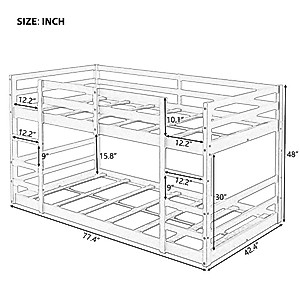 MERITLINE Wood Bunk Bed Twin Over Twin Bunk Beds for Boys and Girls, Simple Floor Twin Bunk Bed Frame with 2 Slats Sets and 2 Ladders, No Bunkie Board Needed