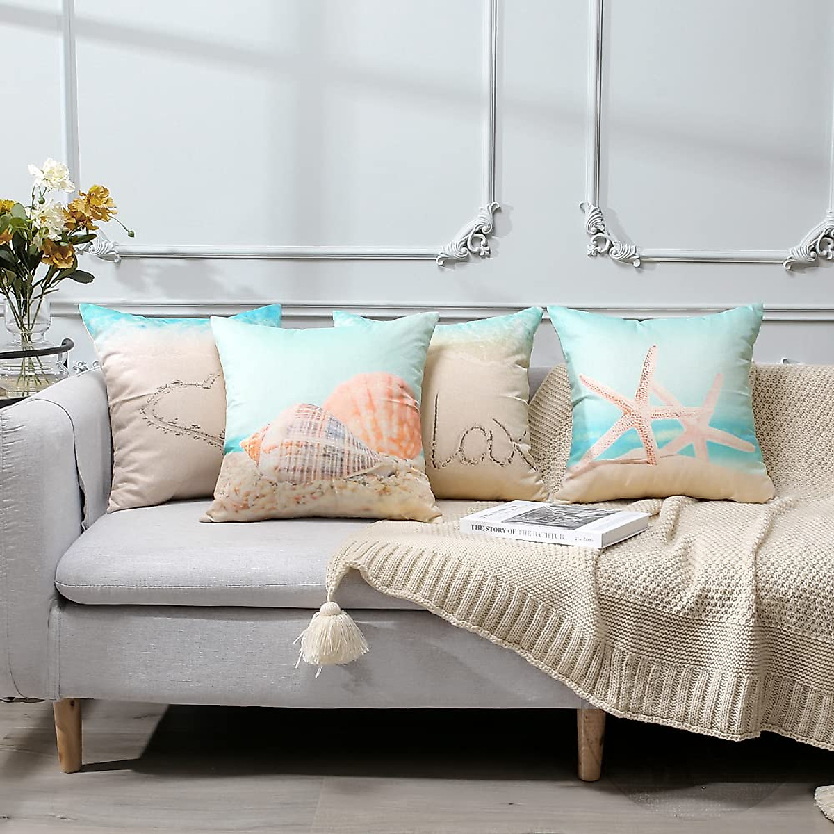 OTOSTAR Waterproof Summer Decorations Outdoor Throw Pillow Covers Linen Starfish Shell Pillow Covers Pack of 4 Square Cushion Case Garden Pillowcase 18x18 Inch for Patio Furniture Couch Tent (Beach)