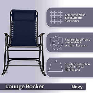 Lavish Home Rocking Chair Outdoor Furniture - Folding Chair Rocker with Adjustable Pillow - Camping, Front Porch, or Patio Furniture (Navy)