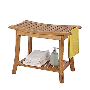 Kinfant Bathroom Bamboo Shower Bench - Spa Bath Shower Stool with Storage Shelf, Wooden Seat for Inside Shower (Style 1)