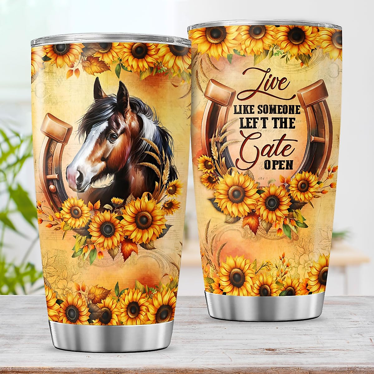 HUBUPU Flower Cups Sunflower Floral, Horse Gate Open, Horse Gifts, Tumbler 20 Oz With Lid And Straw