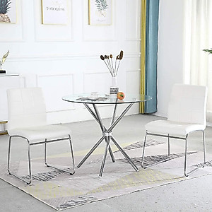 Modern Round Dining Table with Clear Tempered Glass Top, 4 Chrome Legs Kitchen Table for 2 or 4 Person,Round Dining Table Furniture for Home Office Kitchen Dining Room(W 35.4 x L 35.4 x H 29.5 inch)