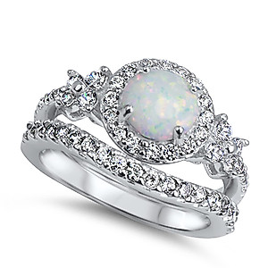 LaRaso & Co His Hers TRIO Wedding Set Titanium Band Sterling Silver White Opal Bridal Engagement Ring Set Him Her 12/9