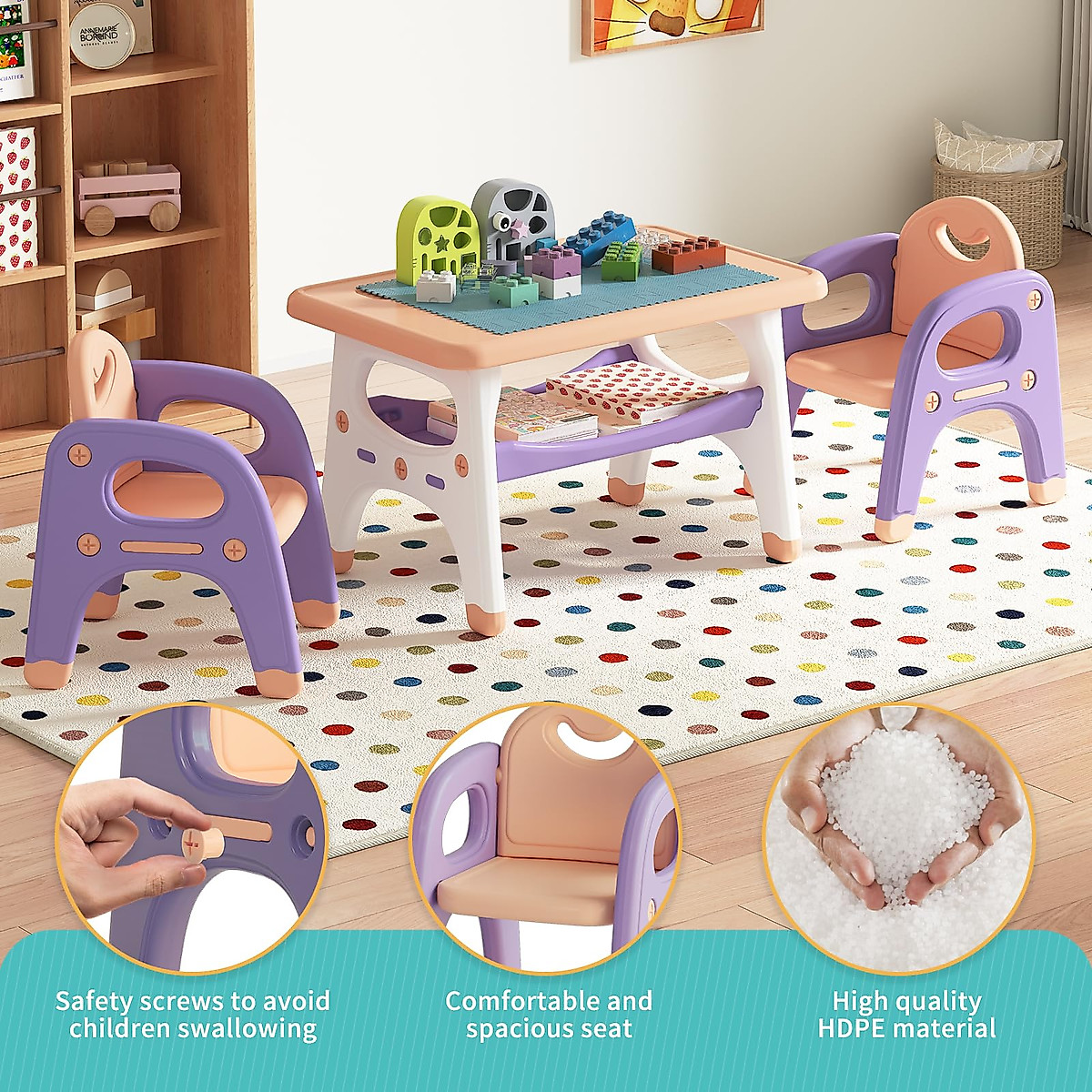 Toddler Table and Chair Set, Kids Table and Chairs with Storage Space and 2 Chairs, Toddler Chair and Table Set for 1-6, Toddler Table and Chairs for Playroom, Bedroom, Kindergarten, Nursery (Pink)