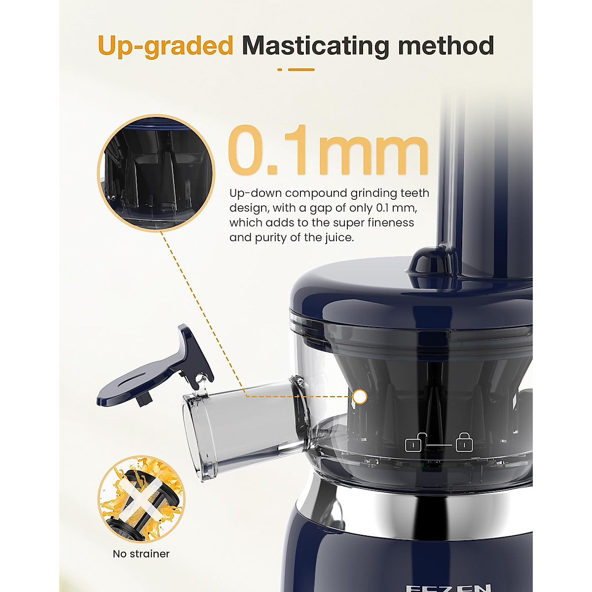 Cold Press Juicer, FEZEN Small Masticating Juicer for Fruits and Vegetables, Powerful Juice Extractor Machine with Compact Size and Space-Saving Feature, Very Easy to Clean (Updated)
