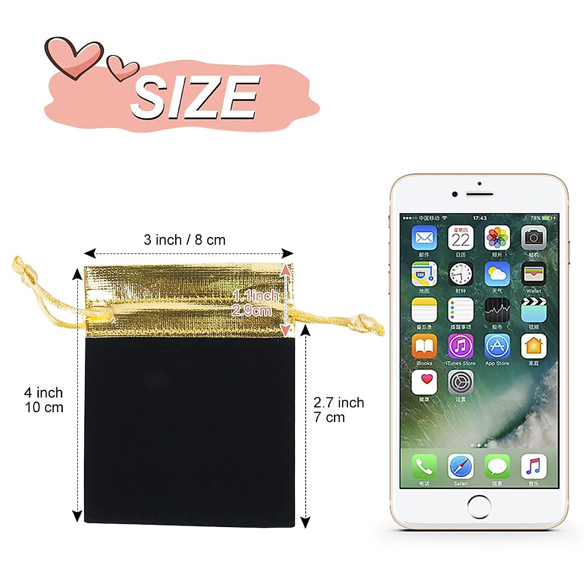 HRX Package Velvet Jewelry Bags 3x4 inch, 20pcs Black Gold Cloth Drawstring Pouches for Small Gift