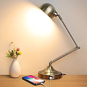 Mlambert 3-Color in 1 LED Desk Lamp with USB Charging Port, Swing Arm, Fully Dimmable, Eye-Caring Task Lamp, Touch Control Brass Metal Architect Drafting Table Lamp for Bedside, Office, Work, Reading