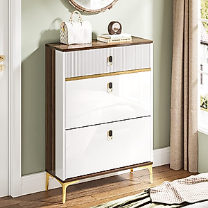 Tribesigns Shoe Cabinet for Entryway Slim: Shoe Storage Organizer Cabinet with 2 Flip Drawers, Wooden Shoe Rack with Gold Metal Legs for Entrance, Hallway, Living Room, White & Brown