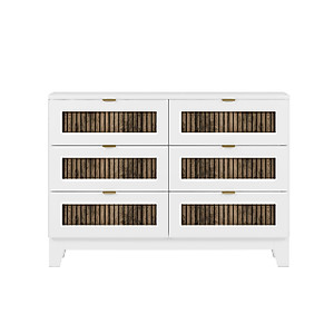 Merax 4 Pieces Bedroom Sets, Queen Size Farmhouse Platform Bed with Wooden Strip Decoration, Storage Nightstand and Dresser with Metal Handle, White