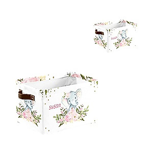 Personalized Pink Floral Elephant Storage Bin with Name Waterproof Canvas Organizer Bin with Handles for Gift Baskets Book Bag (1 Pack)