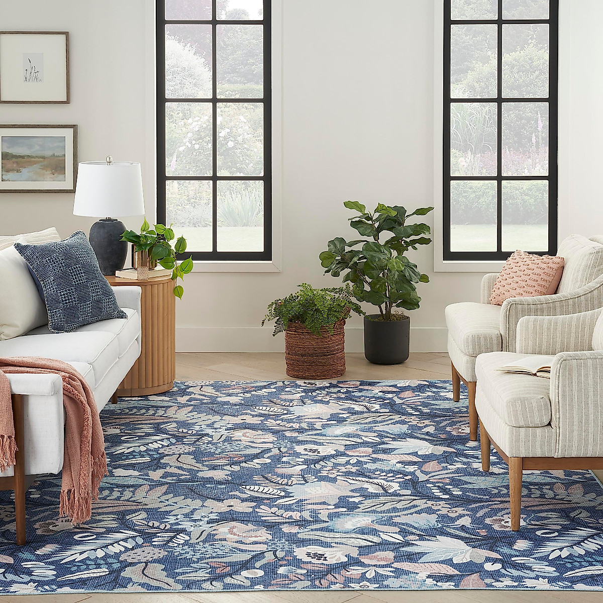 Nourison Washables Floral Navy Multicolor 5'2" x 7' Area -Rug, Easy -Cleaning, Non Shedding, Bed Room, Living Room, Dining Room, Kitchen (5x7)