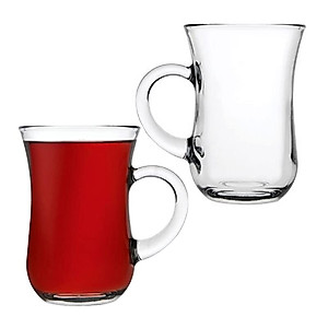 Turkish Tea Glasses With Handle - 6 pcs Tea Cups, Slim Waist Design and Thick Sole Prevent the Tea From Getting Cold, Capacity 145cc, 4 3/4 Oz, 2.5" x 4H"