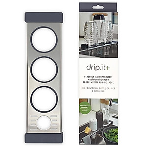 Sanni Shoo Drip.it+ | Stainless Steel Kitchen Sink Caddy | Bottle Holder for 3 Bottles with Protective Silicone Rings | Compatible with Sodastream Aqua Fizz and Other Bottles | Drainer & Organizer