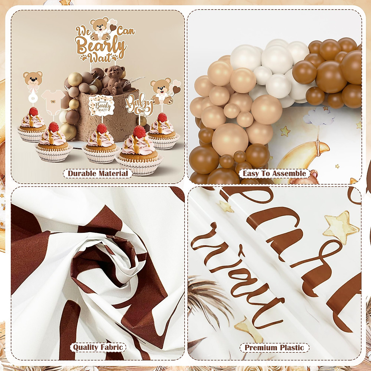 We Can Bearly Wait Baby Shower Decorations, Neutral Teddy Bear Baby Shower with Baby Shower Backdrop Tablecloth Cake Topper Balloon Garland Kit for Cute Bear Gender Reveal Decor
