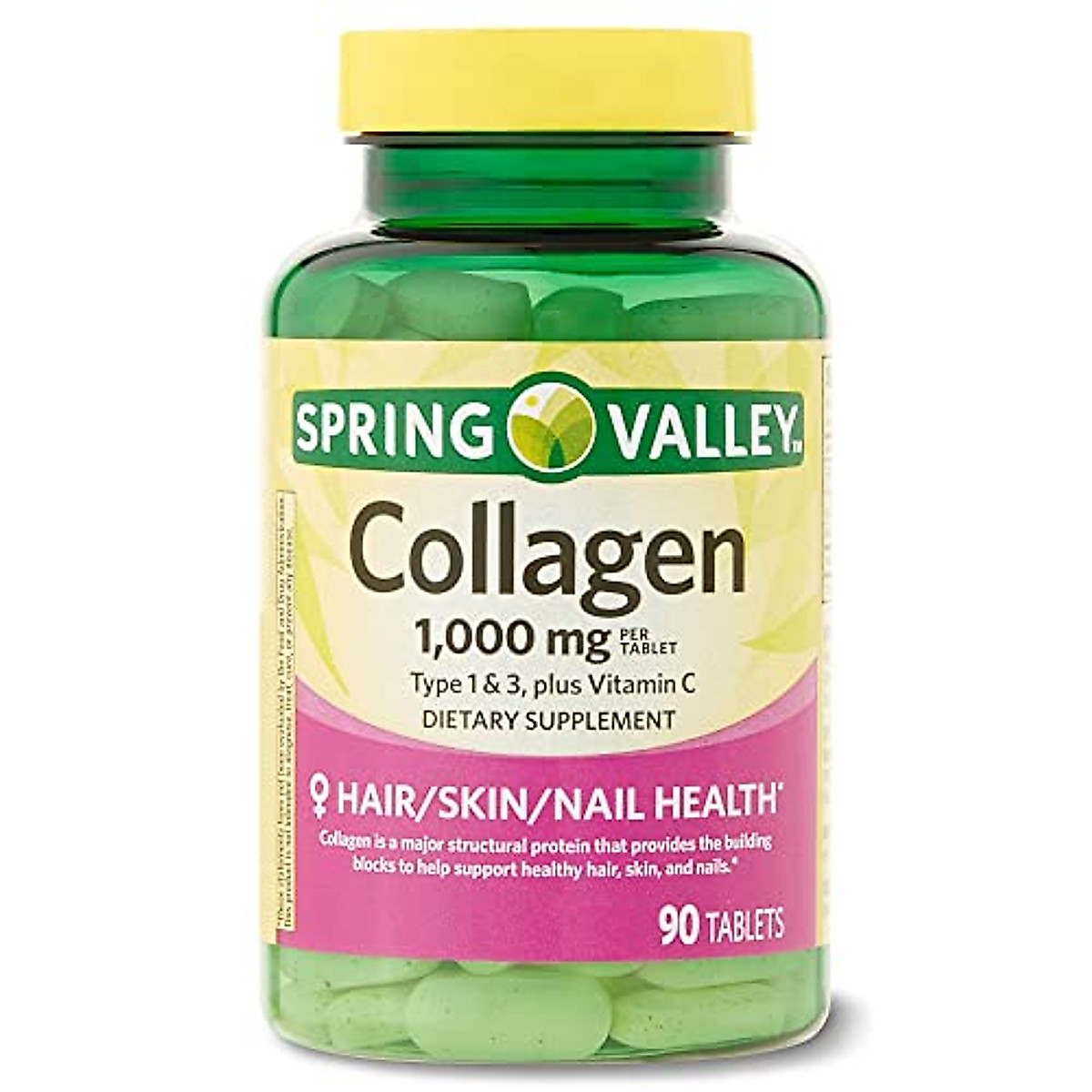 Improve Your Skin Elasticity and Joint Health with Spring Valley Collagen Type 1 & 3 + Vitamin C Dietary Supplement - 1,000mg Tablets, 90 Count. Includes Luall Fridge Magnetic