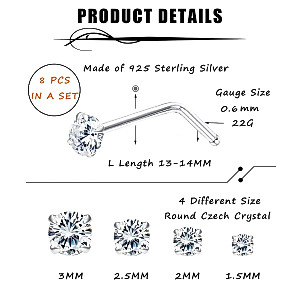Sllaiss 22G 8Pcs Small L Shape Nose Rings Piercing Pin Studs for Women Men 925 Sterling Silver Nose Studs Rings Body Jewelry 1.5mm 2mm 2.5mm 3mm Hypoallergenic
