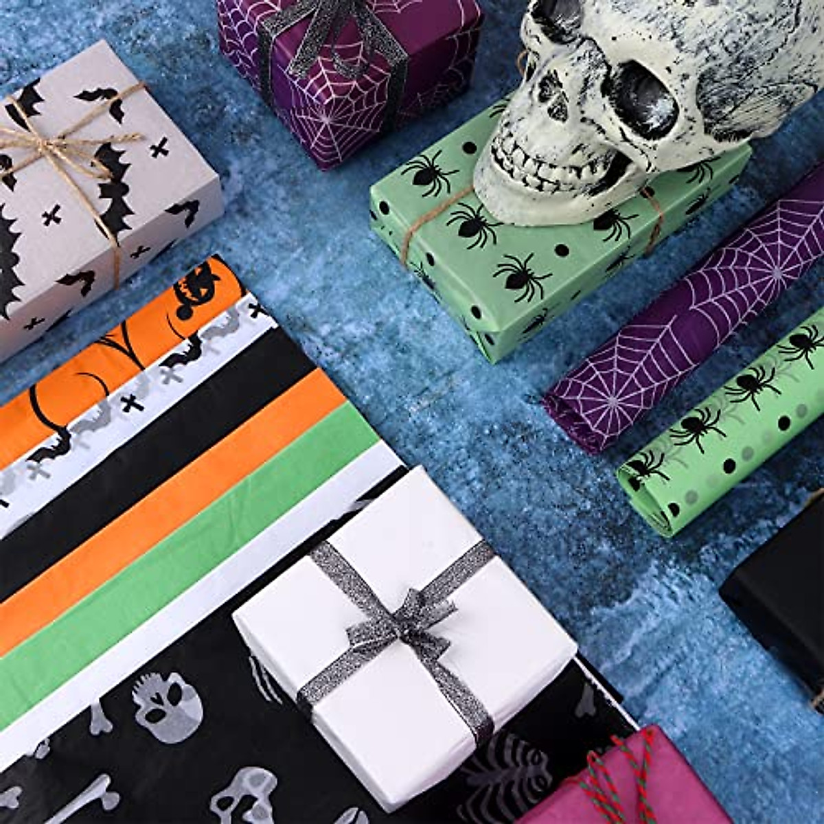 100 Sheets Halloween Tissue Paper Black Orange Wrapping Paper Bat Pumpkin Spider Tissue Paper Skull Gift Wrapping Tissue for Birthday Party Gift Bag DIY Crafts
