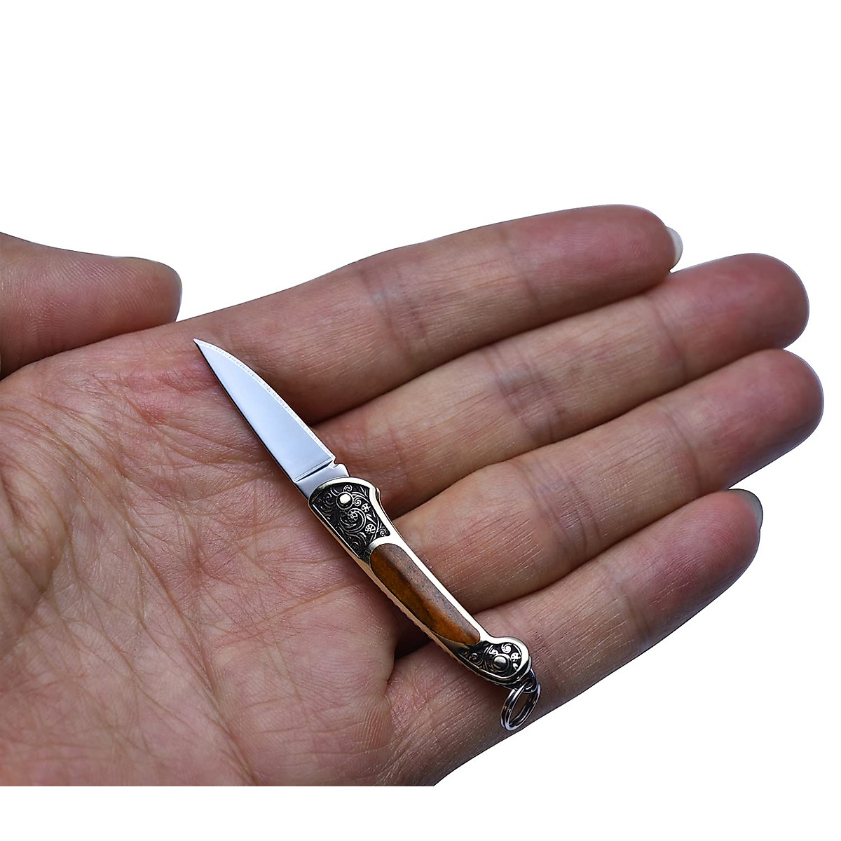 JPCRMOV Mini Pocket Knife Keychain for Men, Ultra Light 9g Compact Folding Knife EDC, Sharp X50CR15MoV Steel Blade, Brass Sandalwood Handle