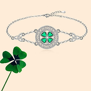 Shamrock Four Leaf Clover Bracelet for Women St Patricks Day Bracelet Sterling Silver Celtic Knot Irish Green 4 Leaf Clover Shamrock Bracelets Jewelry Charm Good Luck Gifts