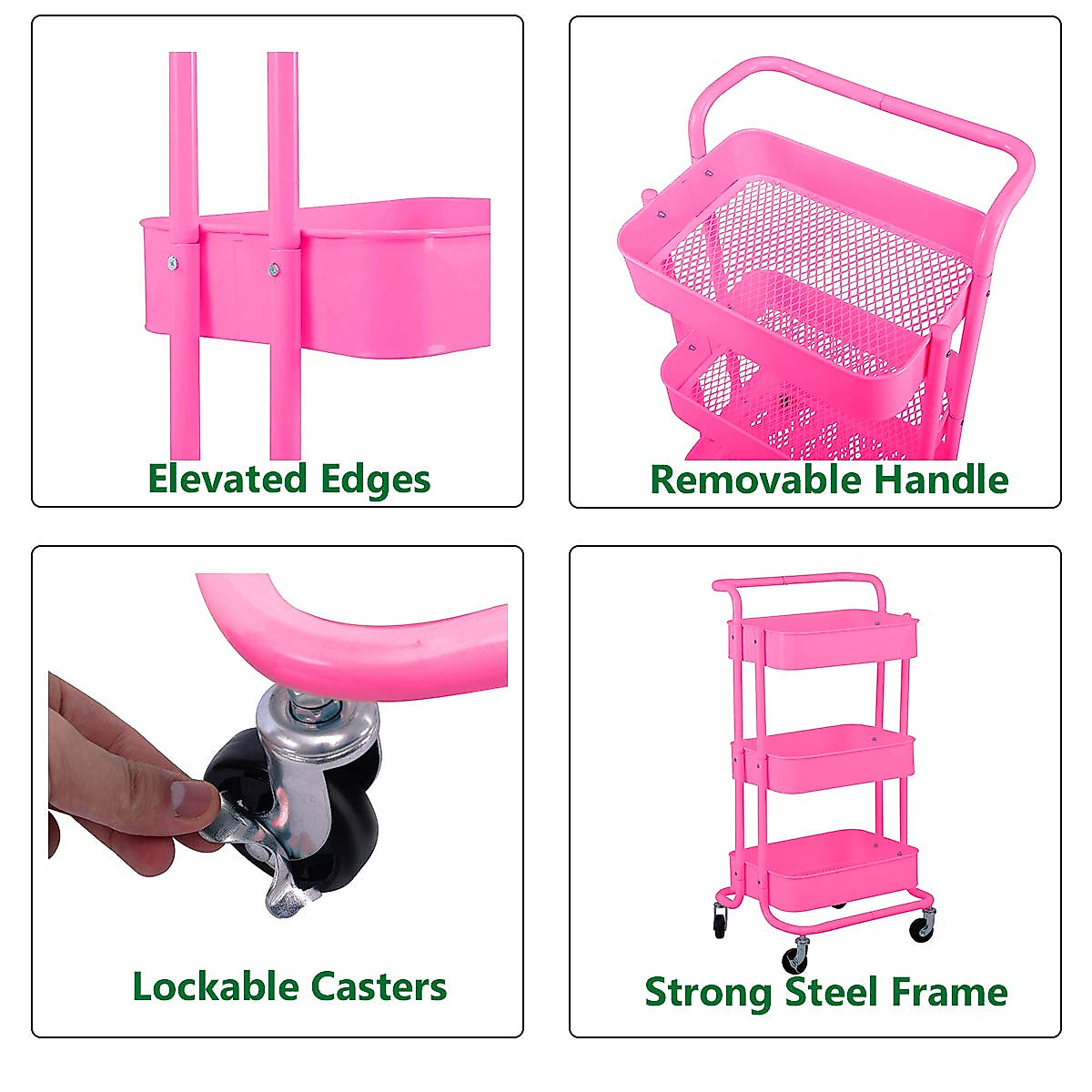 3-Tier Metal Mesh Rolling Cart Storage Organizer with Utility Handle and Wheels, Pink