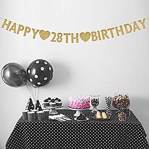 Gold Happy 28th Birthday Banner, Glitter 28 Years Old Woman or Man Party Decorations, Supplies